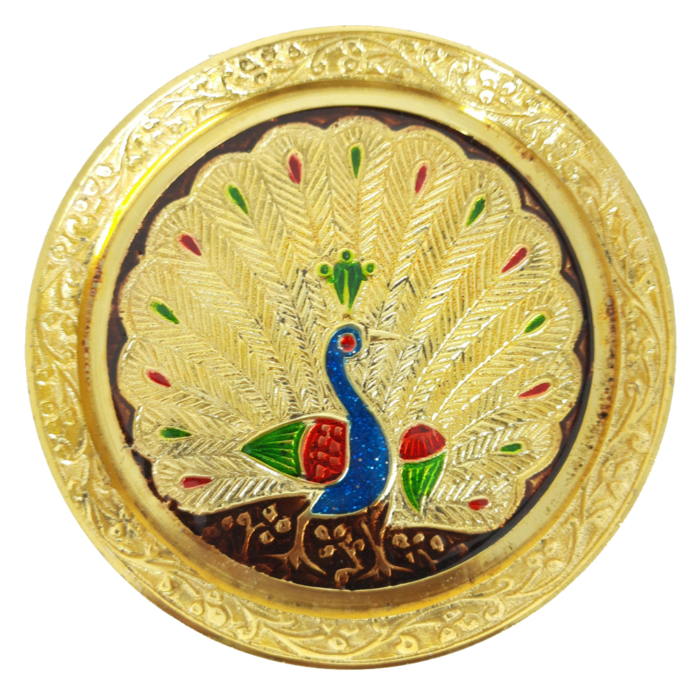 Brass Mukali Painted Peacock Design 10cm Plate - Shiva Pooja Needs