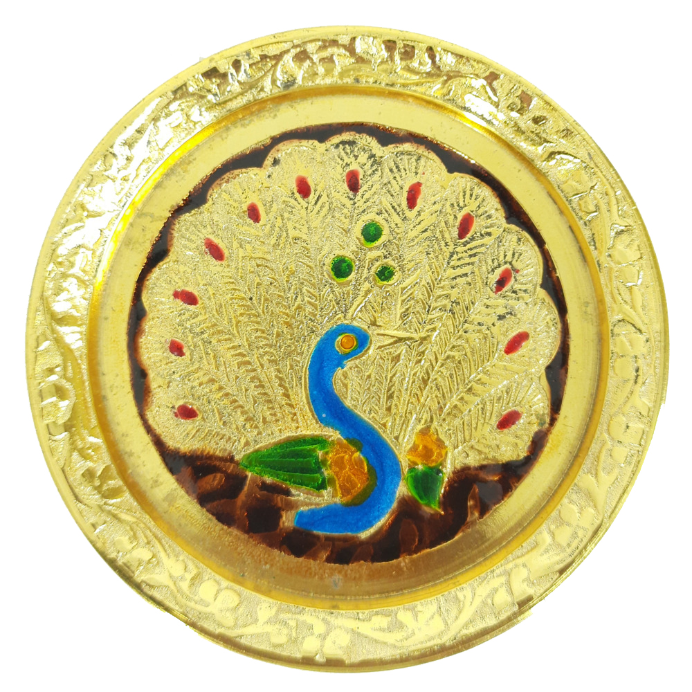Brass Mukali Painted Peacock Design 9cm Plate - Shiva Pooja Needs